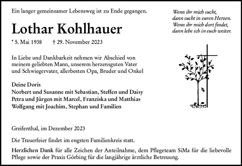 Traueranzeigen von Lothar Kohlhauer | www.vrm-trauer.de