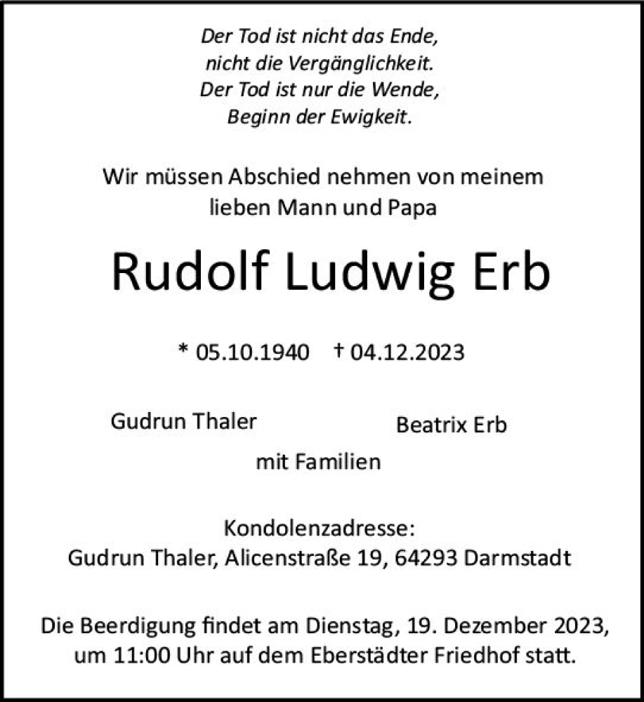 Traueranzeigen von Rudolf Ludwig Erb | www.vrm-trauer.de