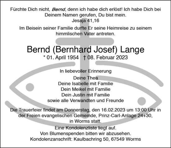 Traueranzeigen von Bernd (Bernhard Josef) Lange | www.vrm-trauer.de