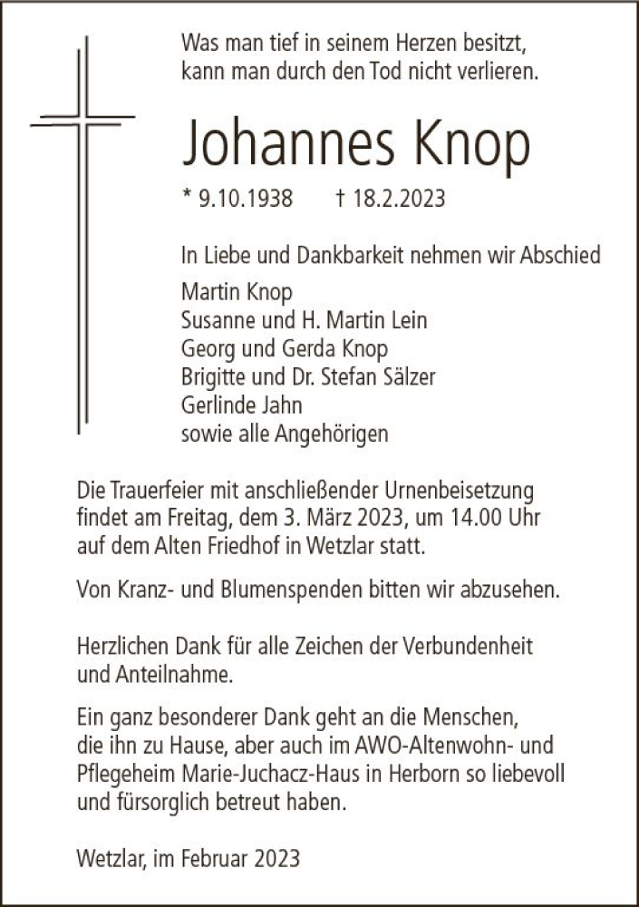 Traueranzeigen von Johannes Knop | www.vrm-trauer.de