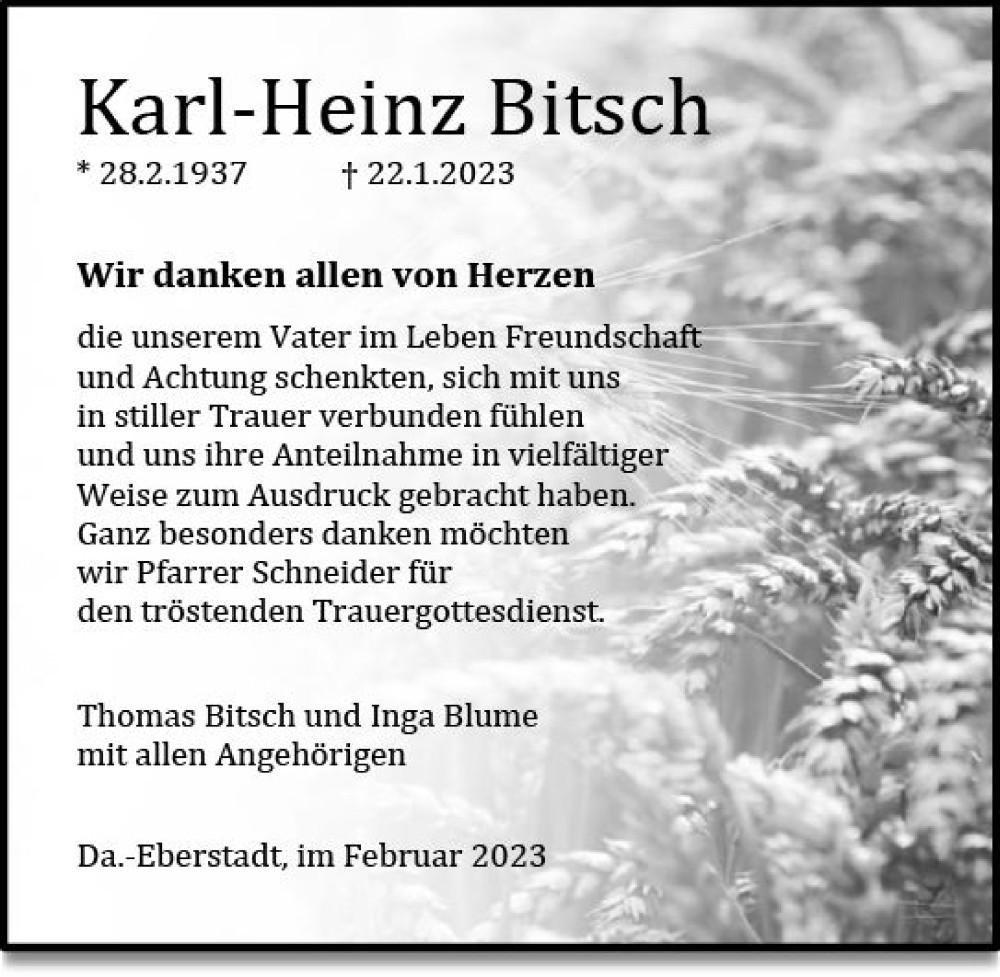 Traueranzeigen von Karl-Heinz Bitsch | www.vrm-trauer.de
