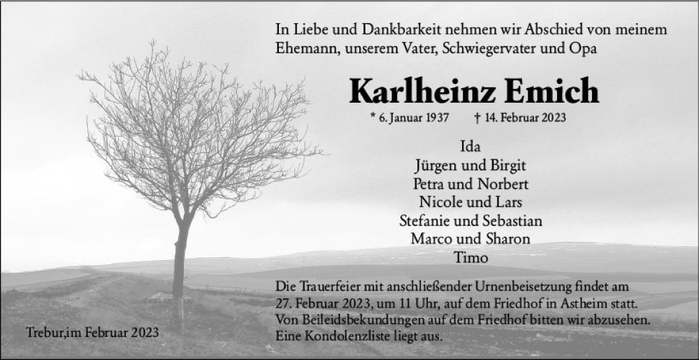 Traueranzeigen von Karlheinz Emich | www.vrm-trauer.de