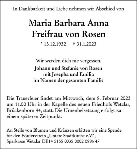 Traueranzeigen von Maria Barbara Anna Freifrau von Rosen | www.vrm ...