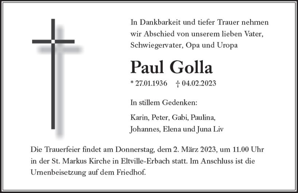 Traueranzeigen von Paul Golla | www.vrm-trauer.de