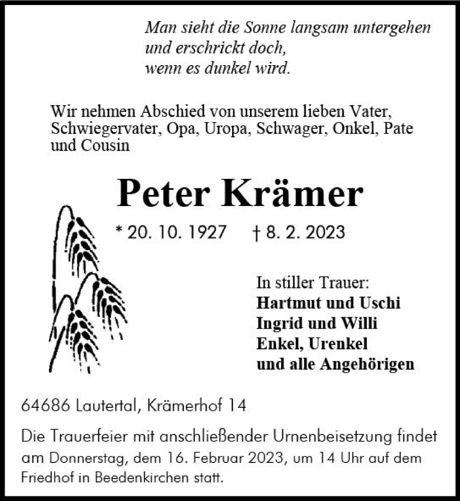 Traueranzeigen von Peter Krämer | www.vrm-trauer.de