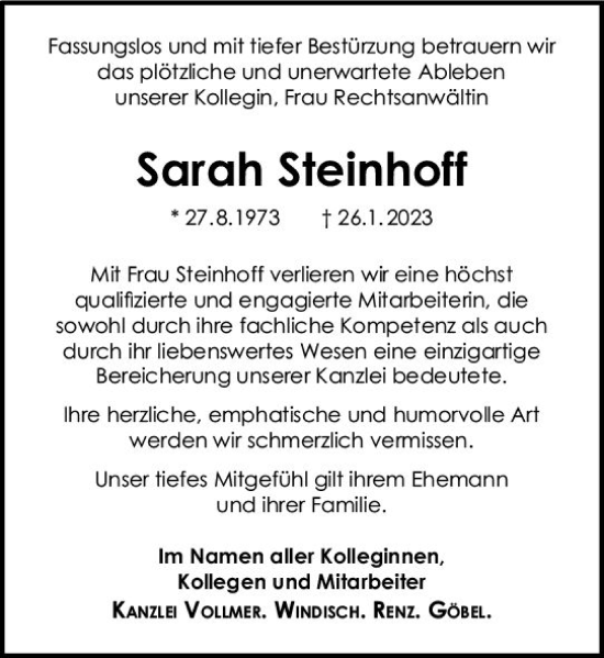 Traueranzeigen von Sarah Steinhoff | www.vrm-trauer.de
