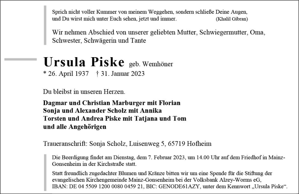 Traueranzeigen von Ursula Piske | www.vrm-trauer.de