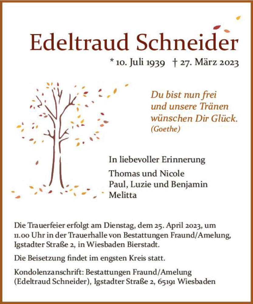 Traueranzeigen von Edeltraud Schneider | www.vrm-trauer.de