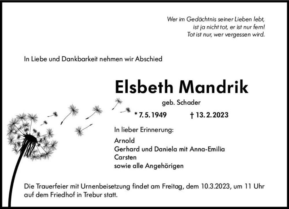 Traueranzeigen von Elsbeth Mandrik | www.vrm-trauer.de