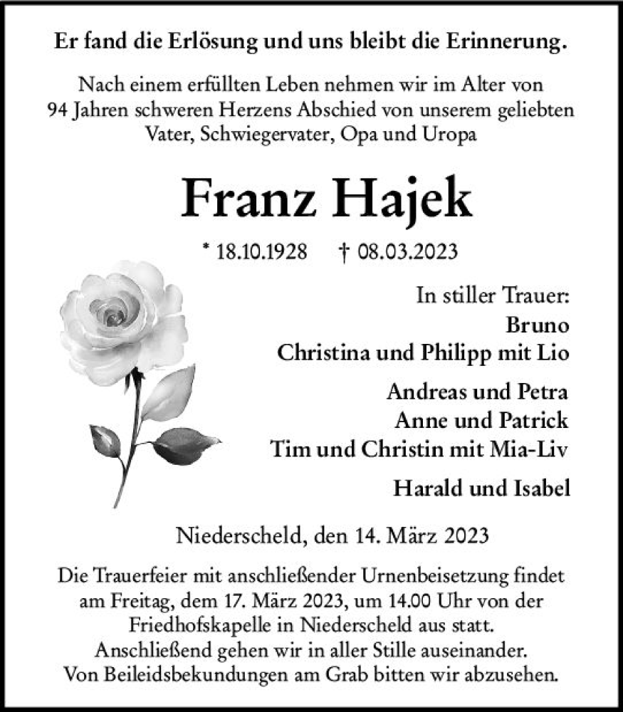 Traueranzeigen von Franz Hajek | www.vrm-trauer.de