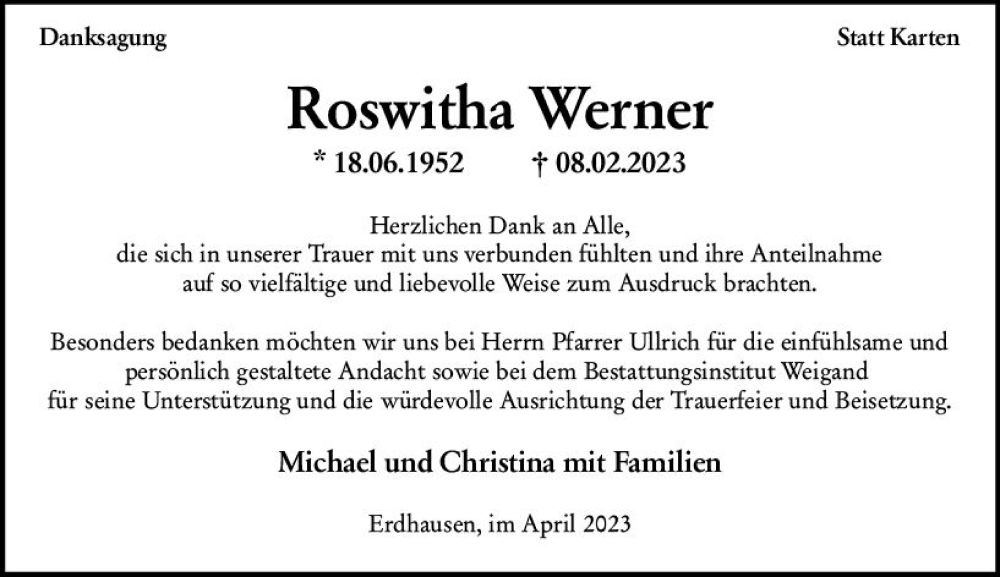Traueranzeigen von Roswitha Werner | www.vrm-trauer.de
