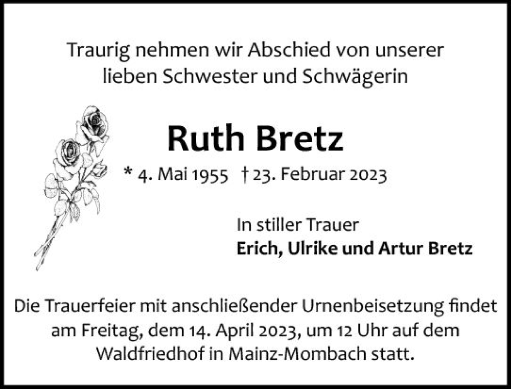 Traueranzeigen von Ruth Bretz | www.vrm-trauer.de