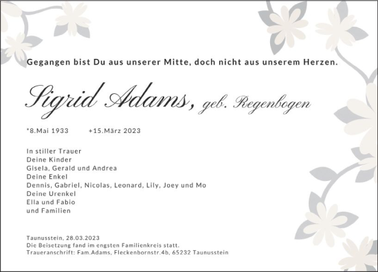 Traueranzeigen von Sigrid Adams | www.vrm-trauer.de