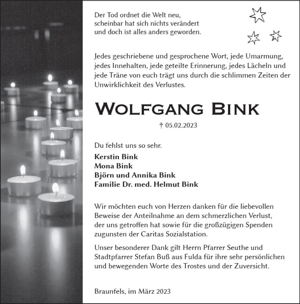 Traueranzeigen von Wolfgang Bink | www.vrm-trauer.de