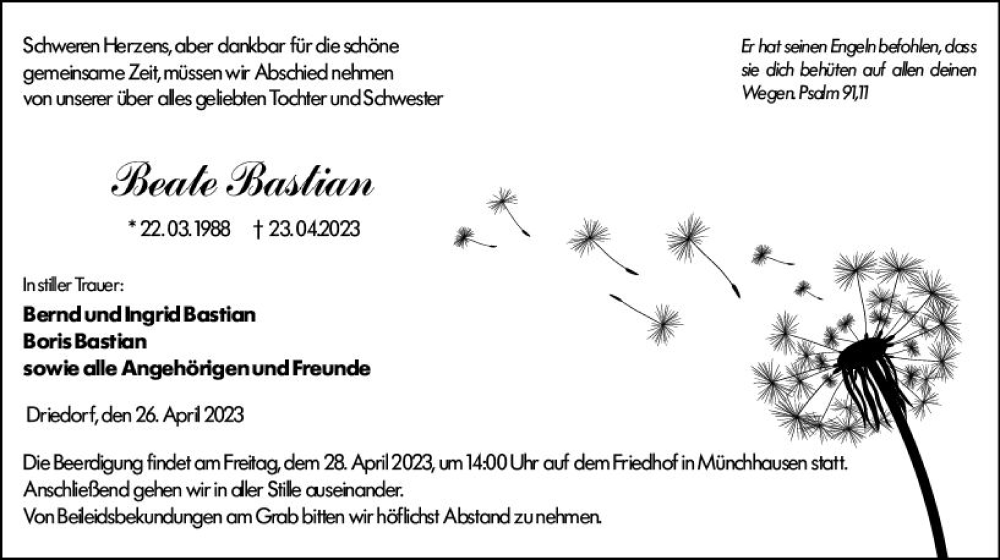 Traueranzeigen von Beate Bastian | www.vrm-trauer.de