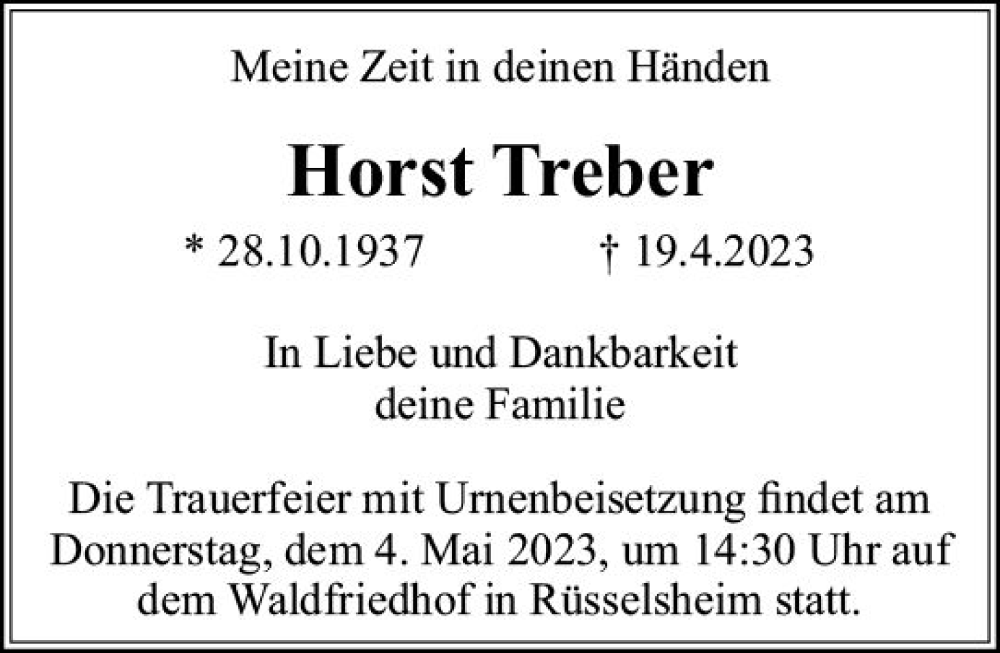 Traueranzeigen von Horst Treber | www.vrm-trauer.de