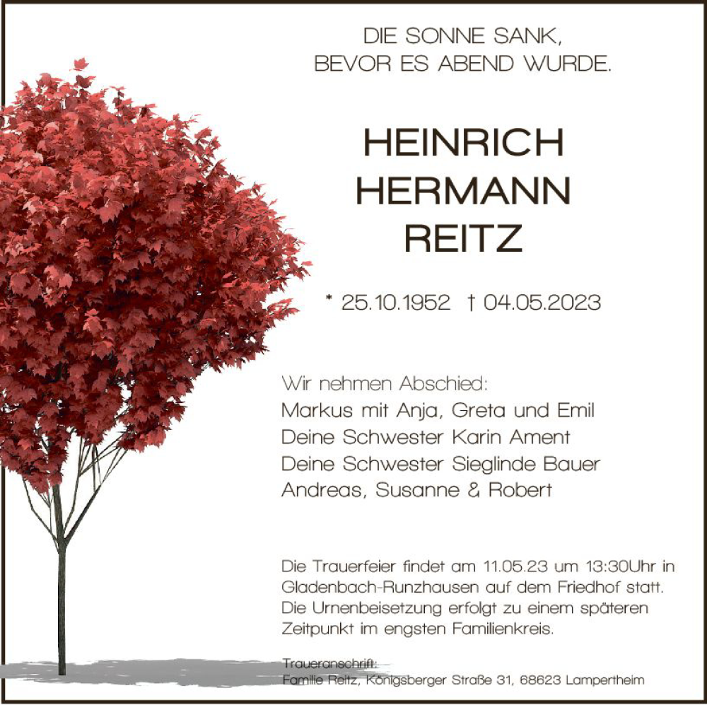 Traueranzeigen von Heinrich Hermann Reitz | www.vrm-trauer.de