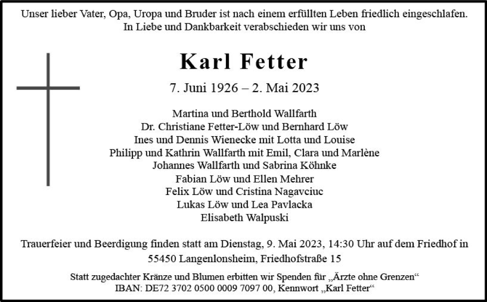 Traueranzeigen von Karl Fetter | www.vrm-trauer.de