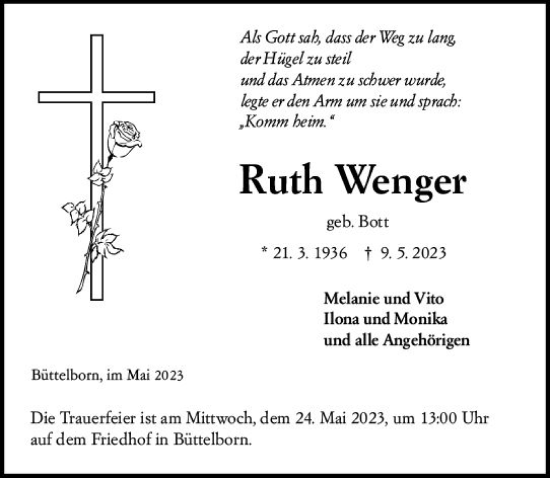 Traueranzeigen von Ruth Wenger | www.vrm-trauer.de