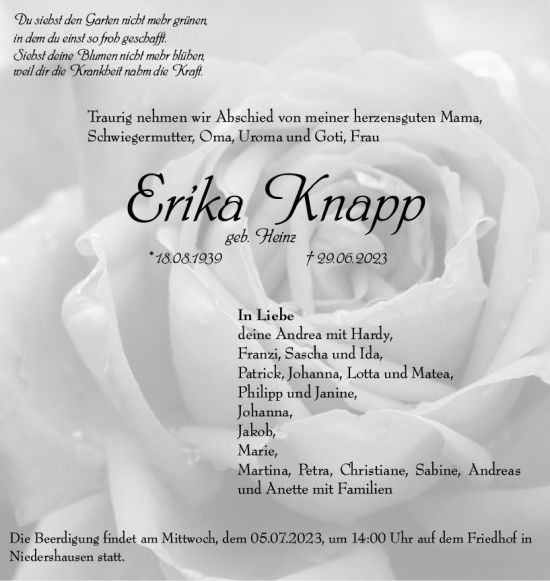 Traueranzeigen von Erika Knapp | www.vrm-trauer.de