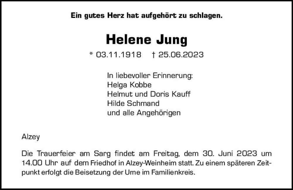 Traueranzeigen von Helene Jung | www.vrm-trauer.de