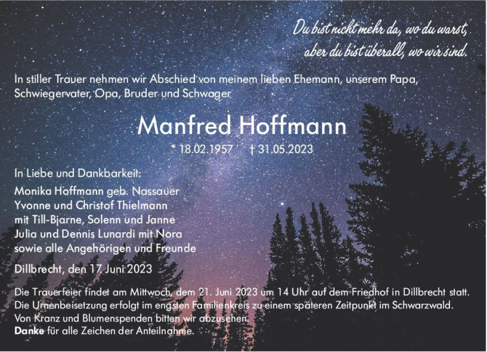 Traueranzeigen von Manfred Hoffmann | www.vrm-trauer.de