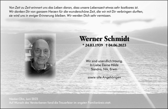 Traueranzeigen von Werner Schmidt | www.vrm-trauer.de