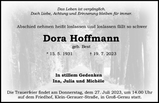 Traueranzeigen von Dora Hoffmann | www.vrm-trauer.de