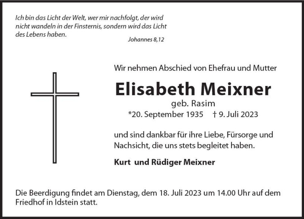 Traueranzeigen von Elisabeth Meixner | www.vrm-trauer.de