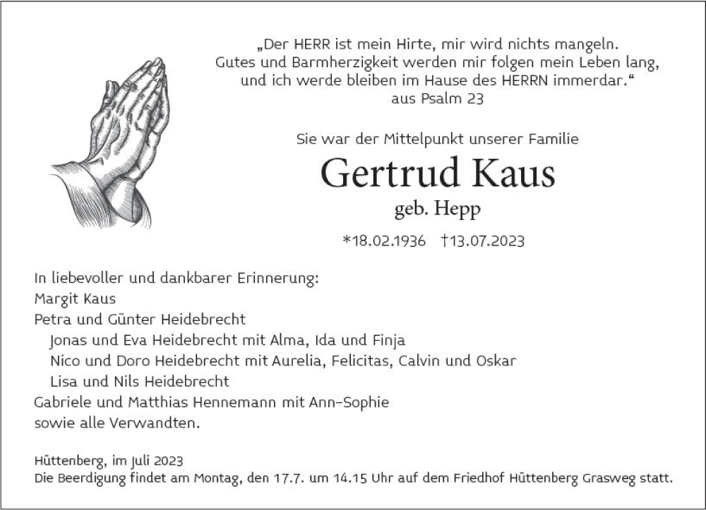 Traueranzeigen von Gertrud Kaus | www.vrm-trauer.de