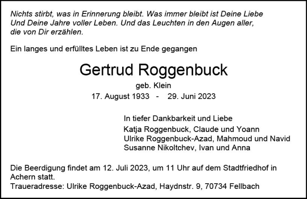 Traueranzeigen von Gertrud Roggenbuck | www.vrm-trauer.de