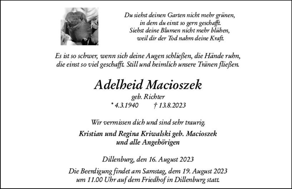 Traueranzeigen von Adelheid Macioszek | www.vrm-trauer.de
