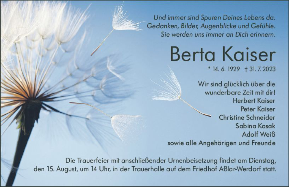 Traueranzeigen von Berta Kaiser | www.vrm-trauer.de