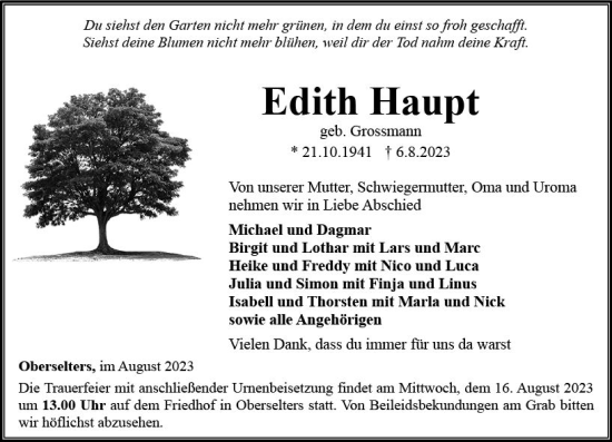 Traueranzeigen von Edith Haupt | www.vrm-trauer.de
