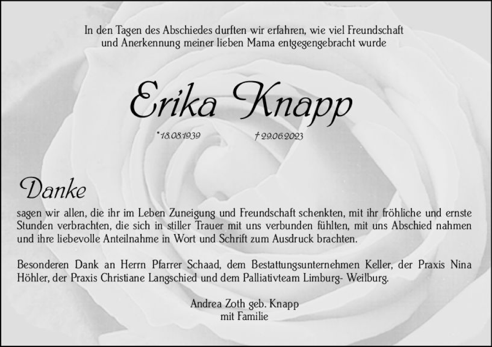 Traueranzeigen von Erika Knapp | www.vrm-trauer.de