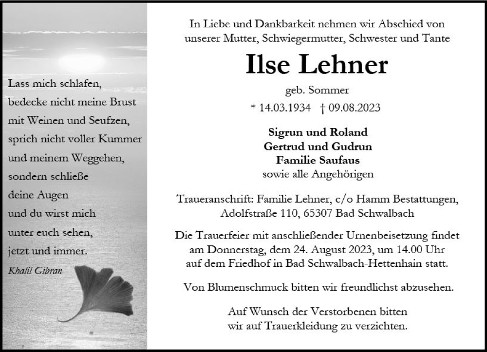 Traueranzeigen von Ilse Lehner | www.vrm-trauer.de