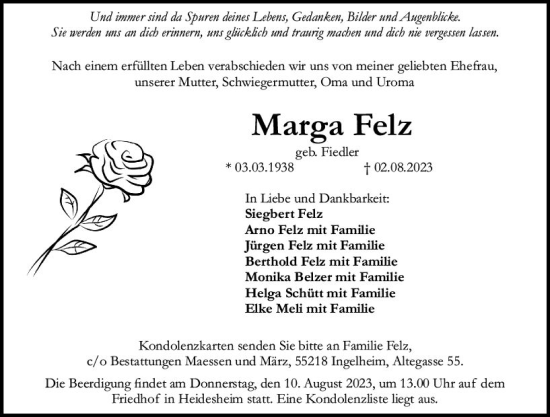 Traueranzeigen von Marga Felz | www.vrm-trauer.de