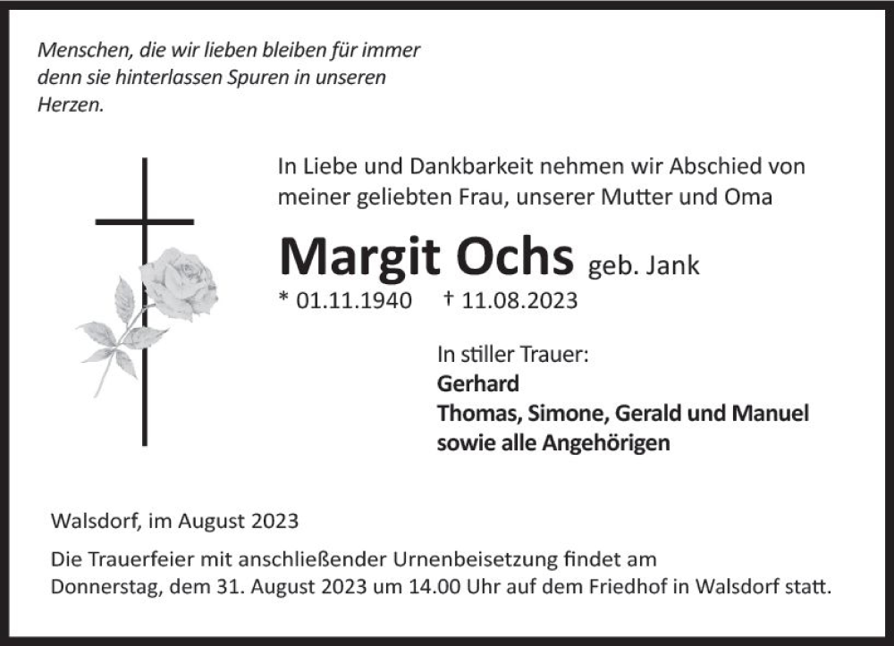 Traueranzeigen von Margit Ochs | www.vrm-trauer.de