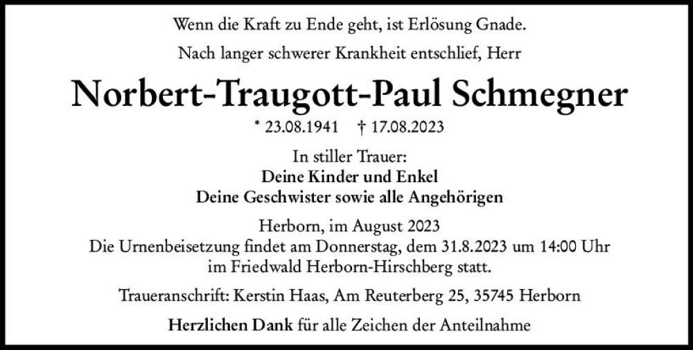 Traueranzeigen von Norbert-Traugott-Paul Schmegner | www.vrm-trauer.de