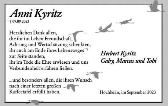 Traueranzeigen von Anni Kyritz | www.vrm-trauer.de