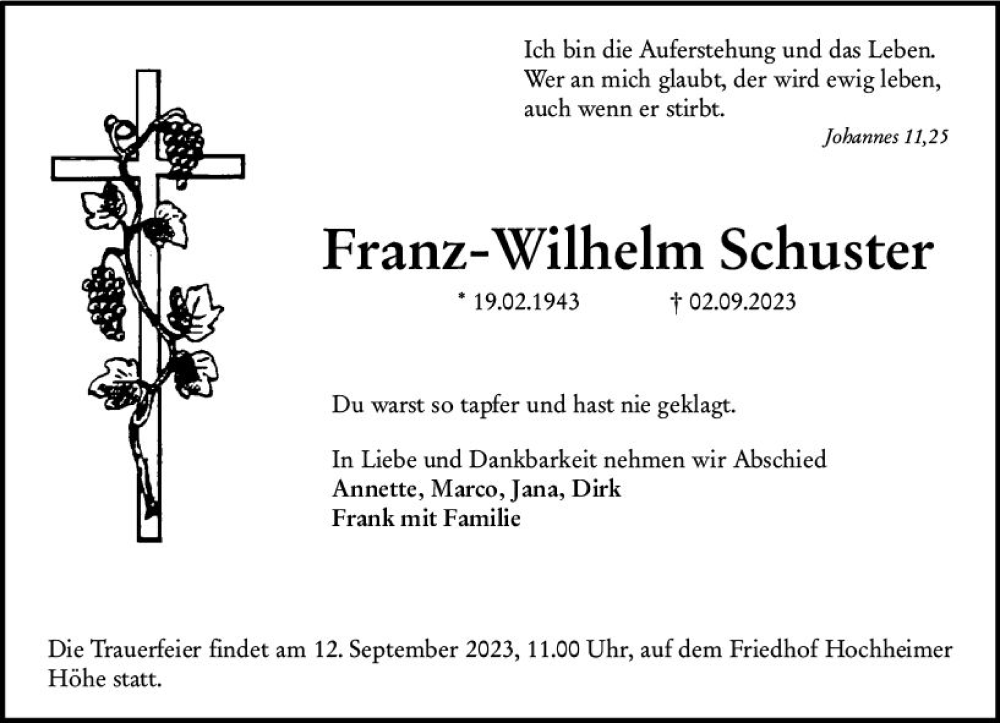Traueranzeigen von Franz-Wilhelm Schuster | www.vrm-trauer.de