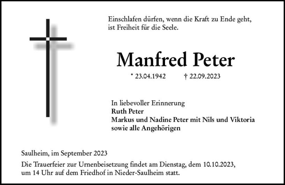Traueranzeigen von Manfred Peter | www.vrm-trauer.de