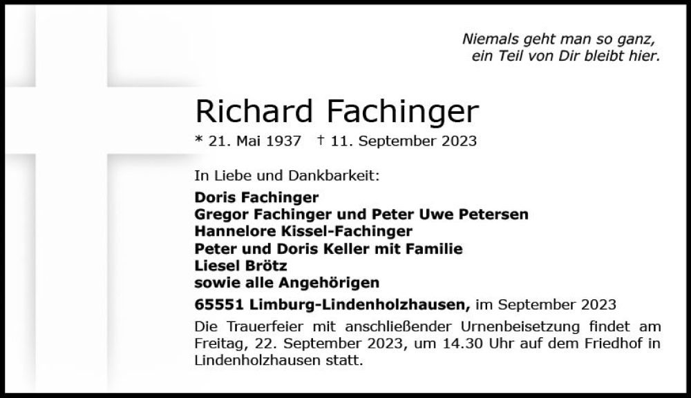 Traueranzeigen von Richard Fachinger | www.vrm-trauer.de