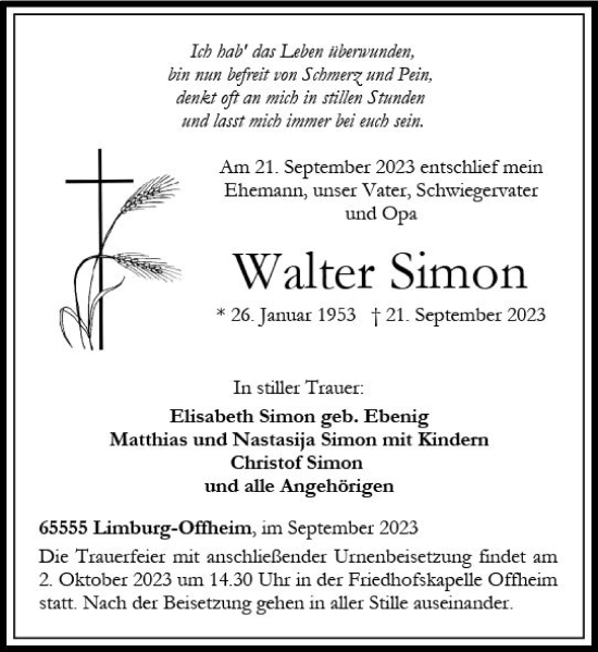 Traueranzeigen von Walter Simon | www.vrm-trauer.de