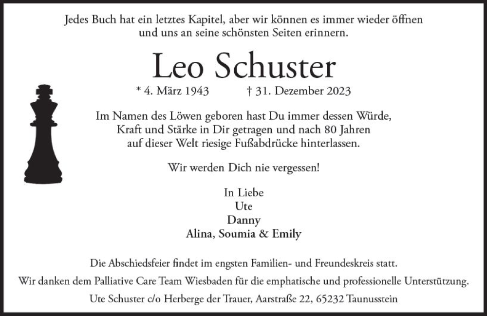 Traueranzeigen von Leo Schuster | www.vrm-trauer.de