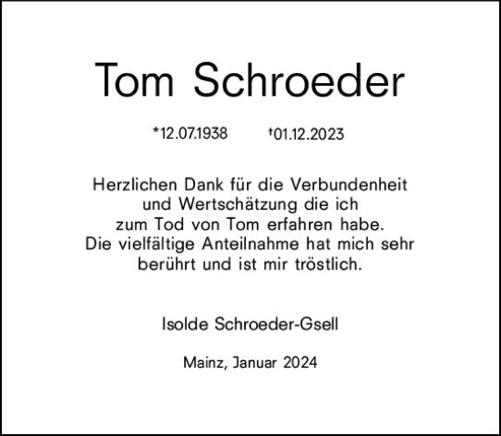 Traueranzeigen von Tom Schroeder | www.vrm-trauer.de