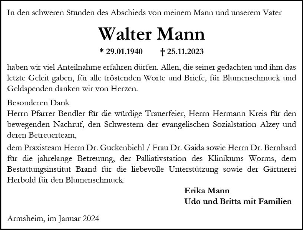 Traueranzeigen von Walter Mann | www.vrm-trauer.de