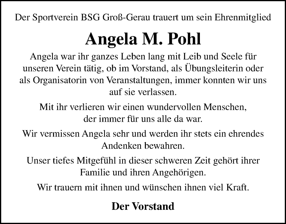 Traueranzeigen von Angela M. Pohl | www.vrm-trauer.de