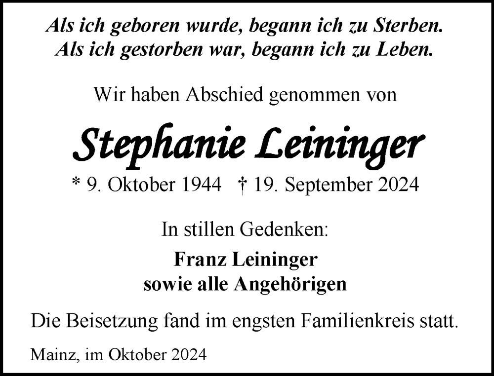 Traueranzeigen von Stephanie Leininger | www.vrm-trauer.de