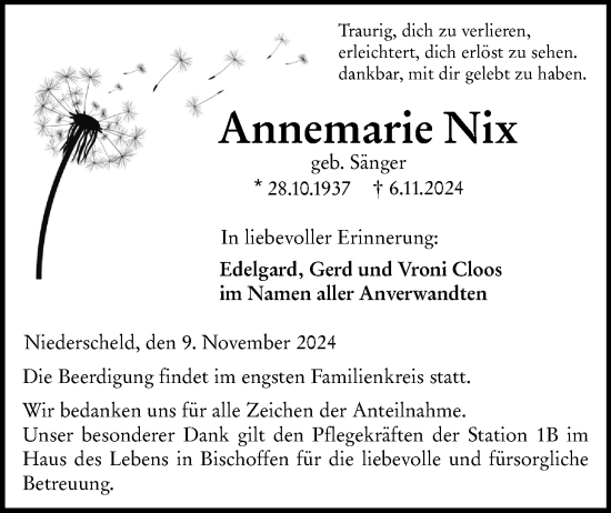 Traueranzeigen von Anneemarie Nix | www.vrm-trauer.de